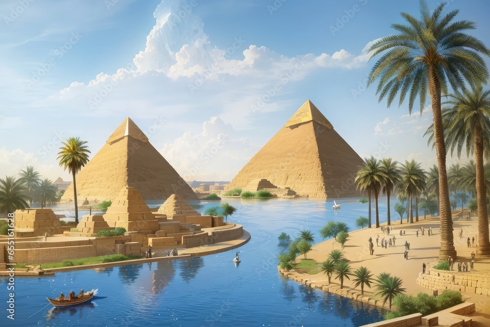 ancient civilized Egypt with the pyramid of Giza and nile flowing Nile ...
