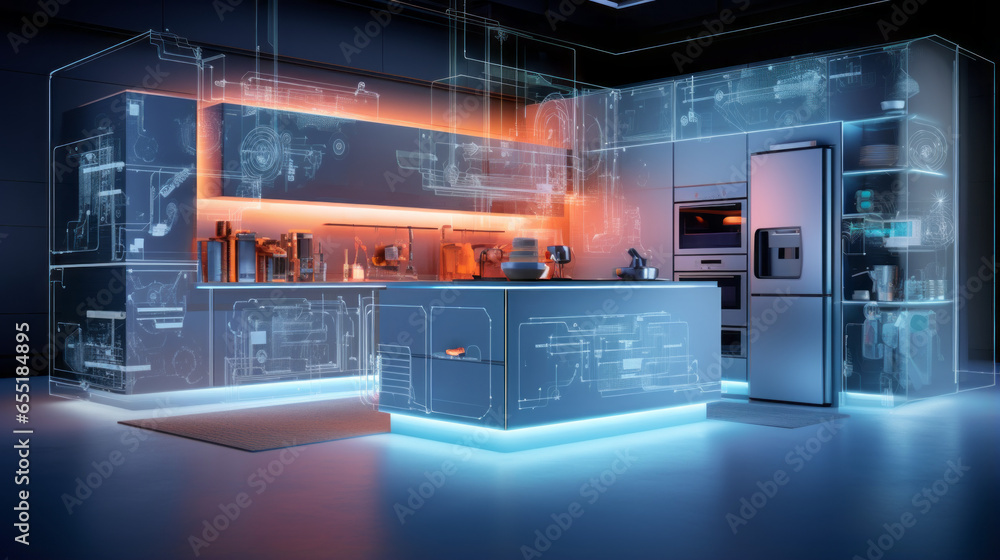 A high-tech kitchen with smart appliances, an AI-driven culinary ...