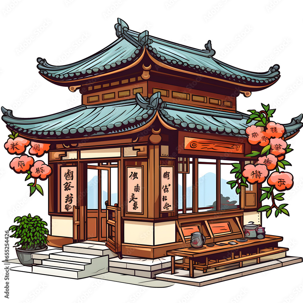 cartoon clipart of Traditional Chinese teahouse, asian themed clipart ...