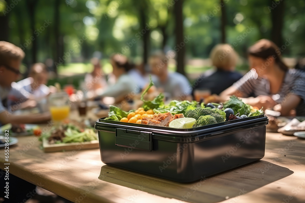 Office workers in business suits have lunch in the park and eat pre ...