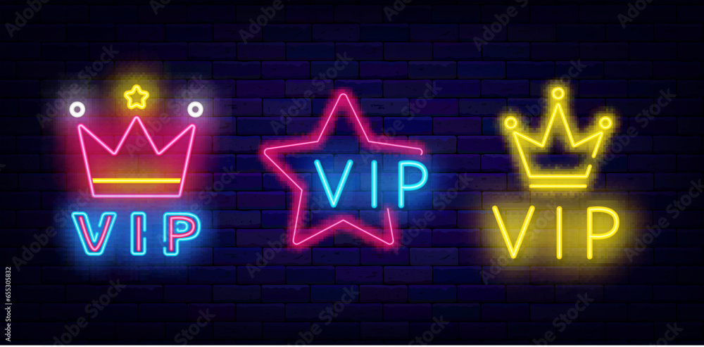 Vip neon labels collection. Very important person label. Crown icons ...
