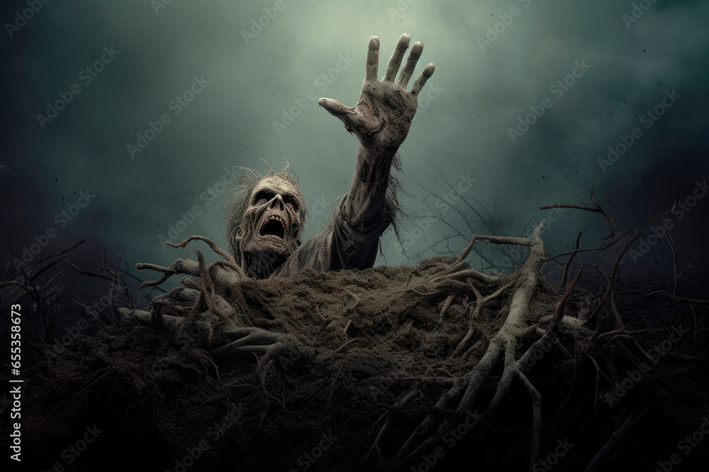 Rising Horror. A Terrifying Scene as a Zombie Hand Emerges from the ...