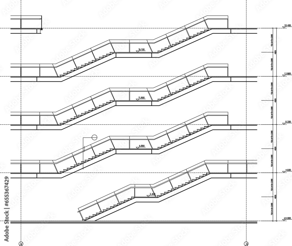 Vector sketch illustration of architectural design of long stairs with ...