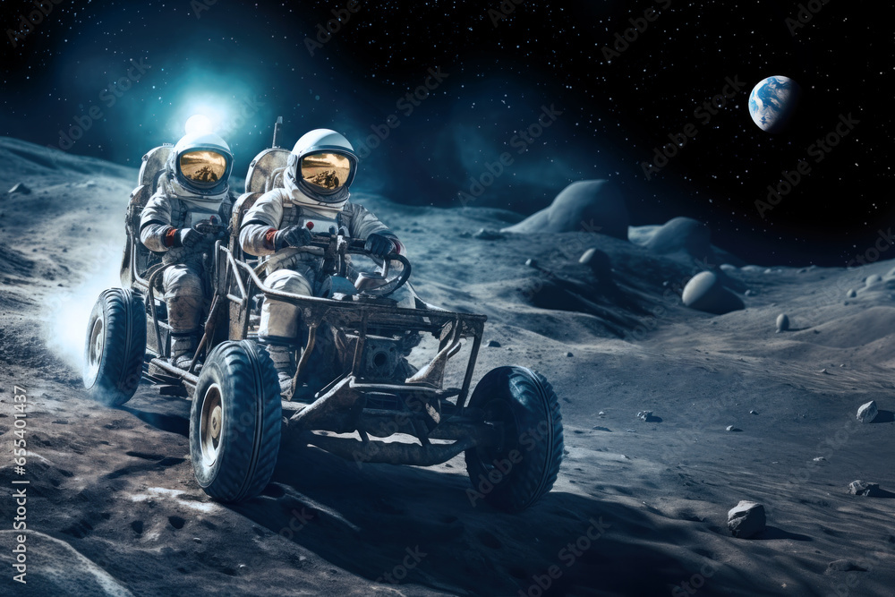 Two astronauts on a moon buggy expedition, concept of space technology ...