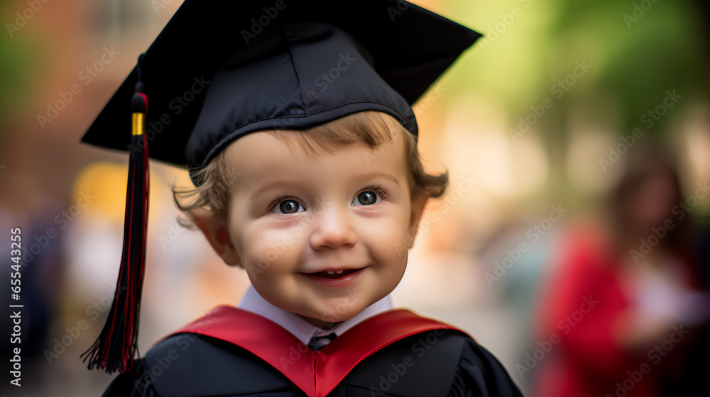 a baby boy dressed in a tiny graduation cap and gown, a miniature ...