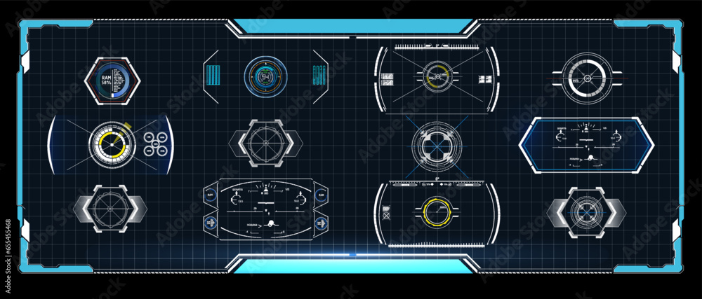 Callouts titles, loading bars, arrows, holograms VR, icons, bar labels ...