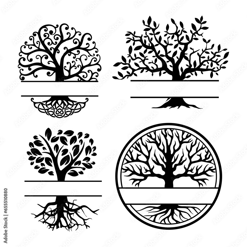 Set of family tree silhouette vector template. Tree with placeholder ...