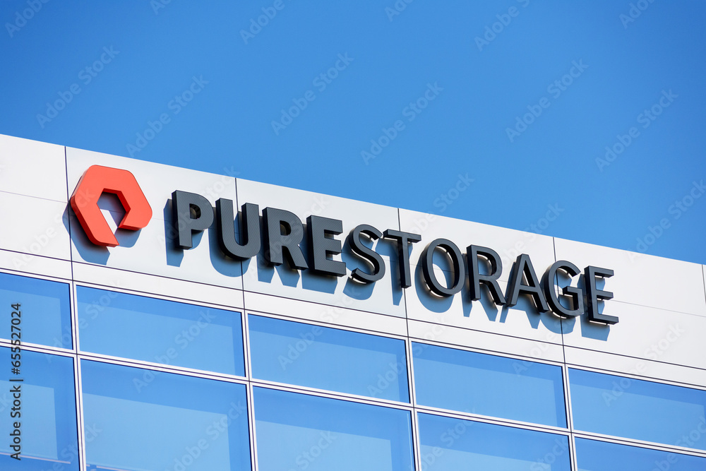 Pure Storage sign, logo on the headquarters of American publicly traded ...
