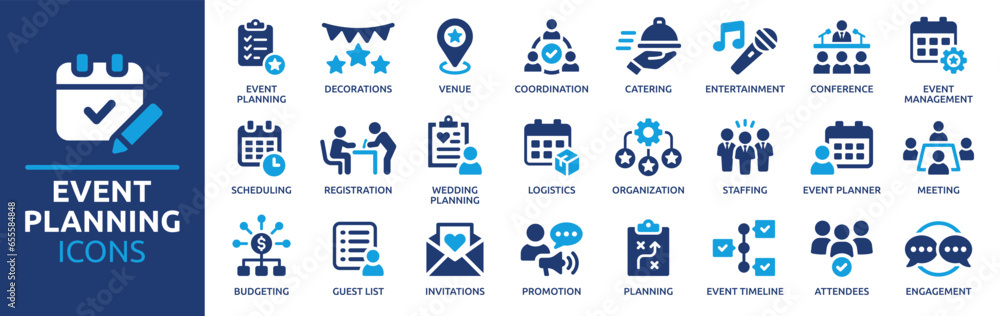 Vetor Event planning icon set. Containing decorations, venue, event ...