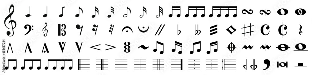 Music notes icon set. Black musical note icons. Music notes symbol. Big ...