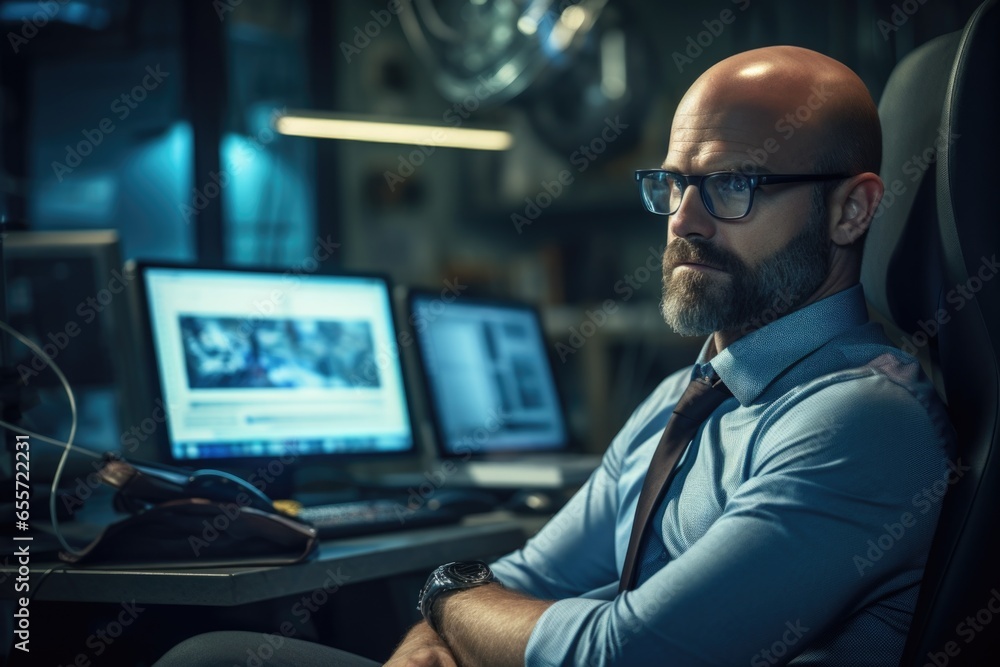 A man is depicted sitting in front of two computer monitors. This image ...