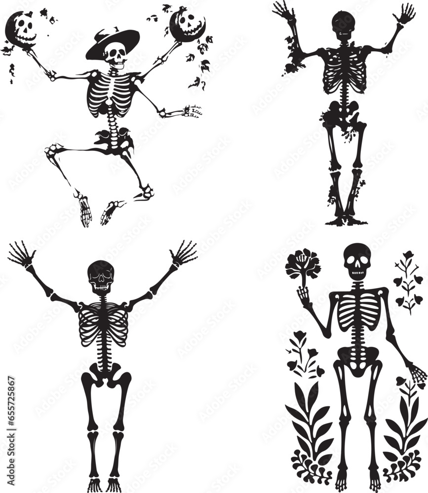 Human bones skeletons. Different skeleton posing isolated set on white ...