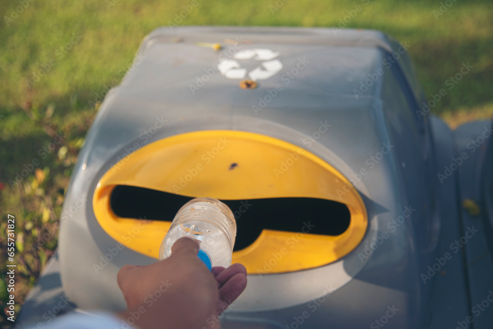 Men hands trow Trash cans for sorting garbage recycle bin waste plastic ...