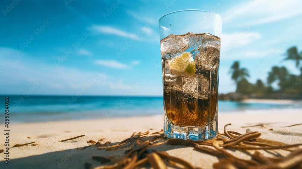 Product photograph of Cuba libre glass with lime in the sand on a ...