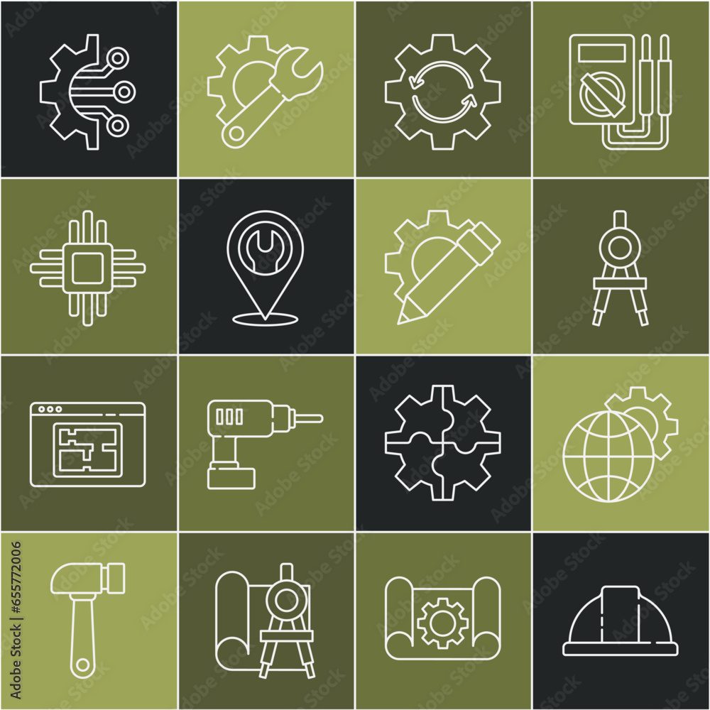 Set line Worker safety helmet, Globe of the Earth and gear, Drawing ...