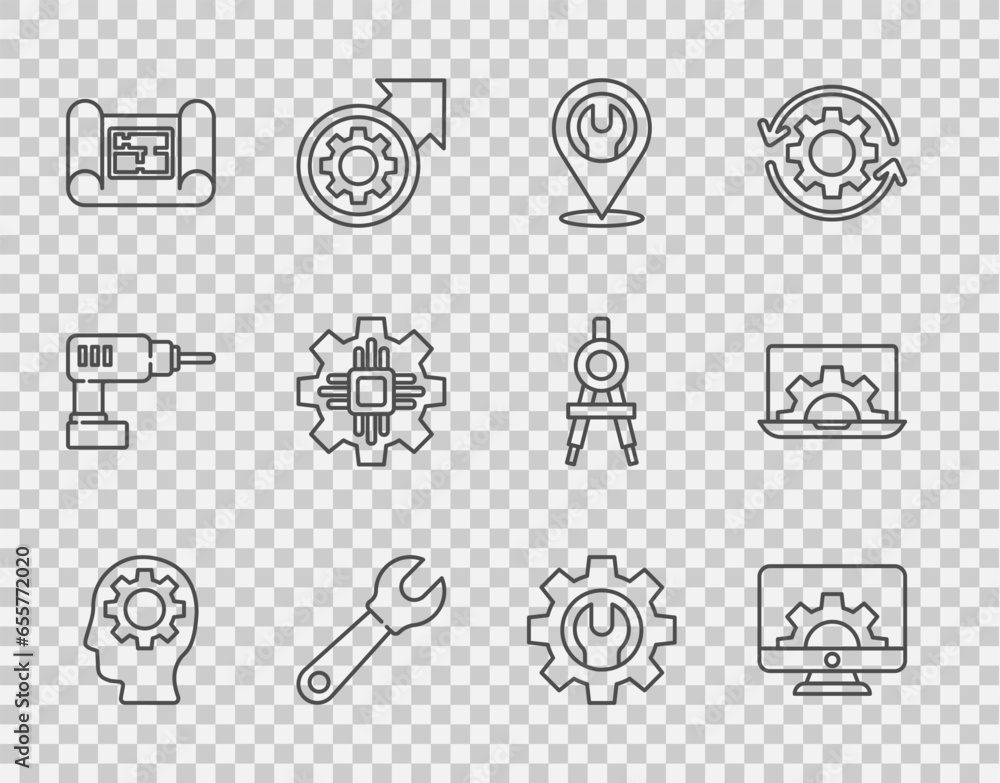 Set line Human head with gear inside, Computer monitor and, Location ...