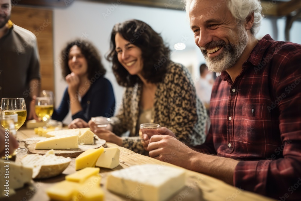 A group of people participating in a cheese tasting event, savoring ...