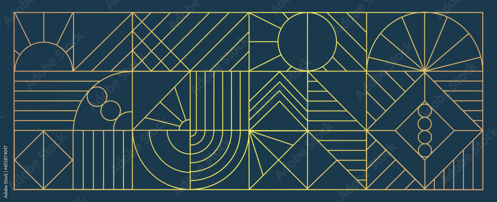 Geometric gold line art and art deco background vector. Line gold ...