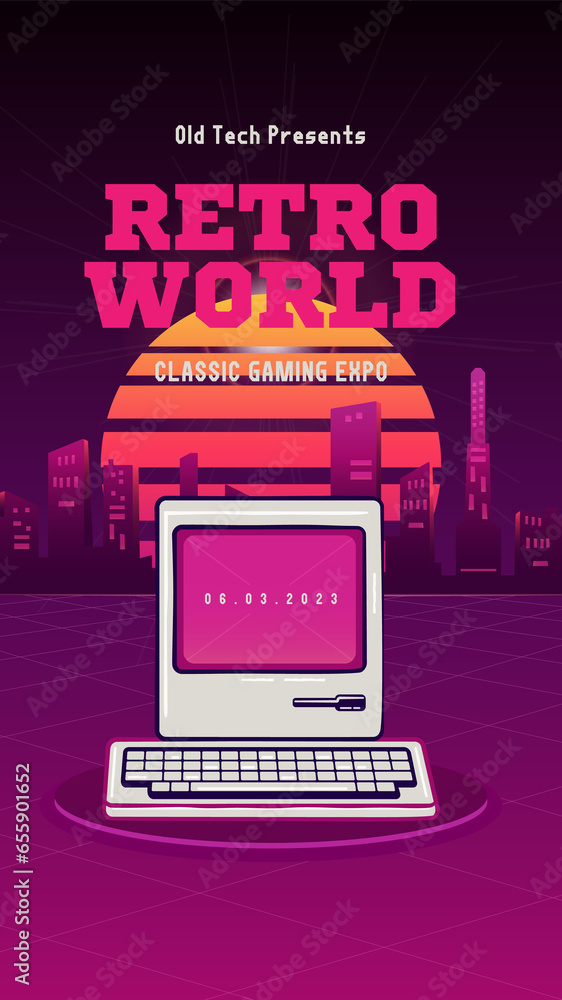 Retro Gaming Social Media stories template with vintage PC. Vlassic ...