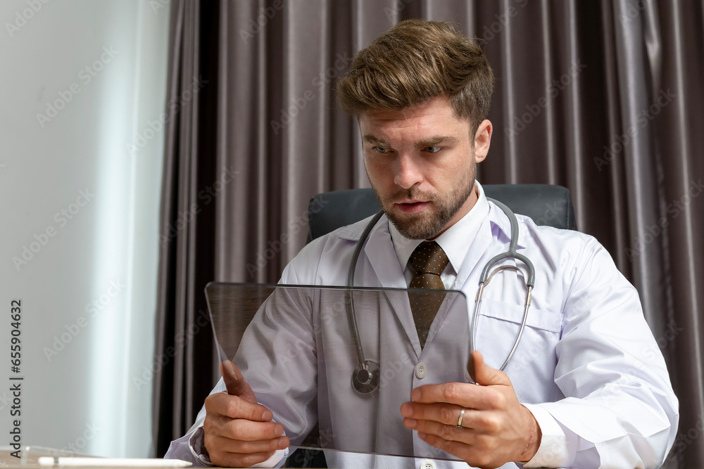 Mock-up template. Doctors look at tablets, review patient information ...