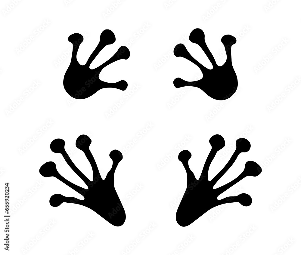 Frog or toad paw footprint. Silhouette. Front and hind frog legs. Black ...