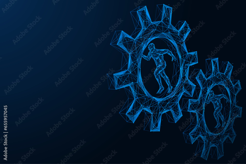 Automation, a person running inside the mechanism. Low-poly design of ...