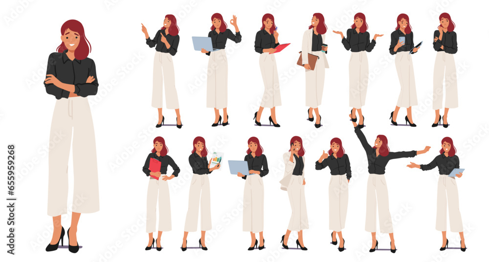 Businesswoman Character Poses Set Featuring Confident Stances, Woman ...