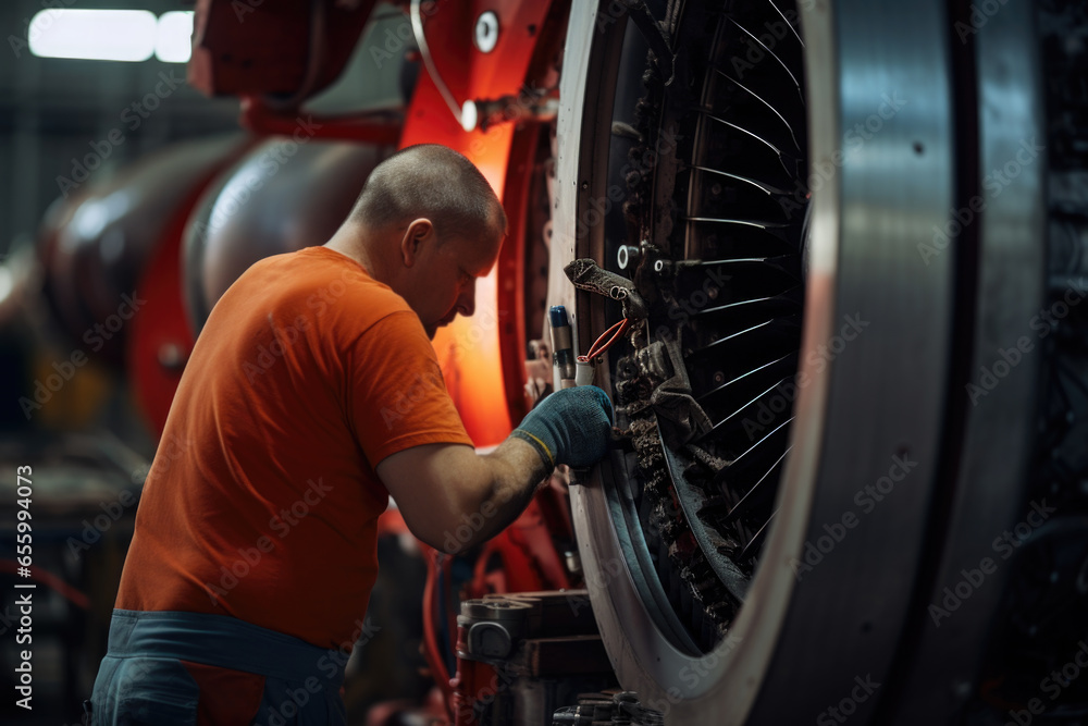 Mechanics inspecting and repairing jet engine. Maintenance at aircraft ...