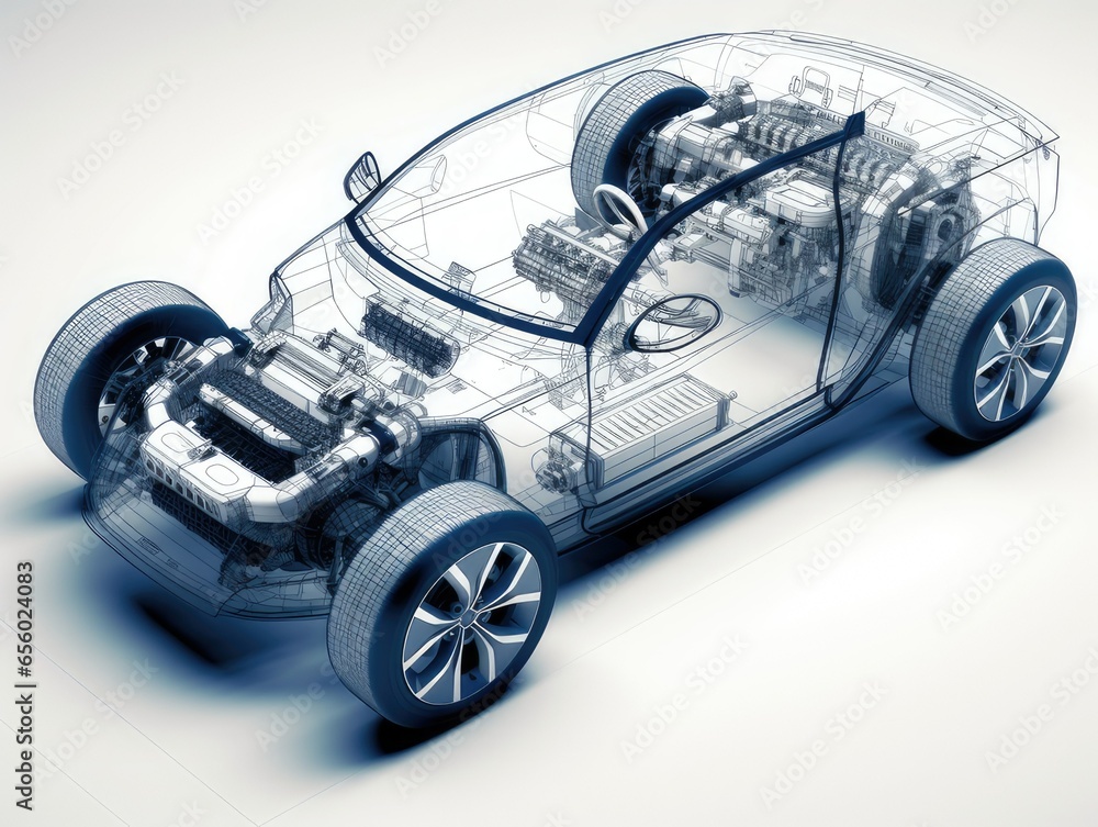 exploded view of electric car showing battery motor, chassis and other ...