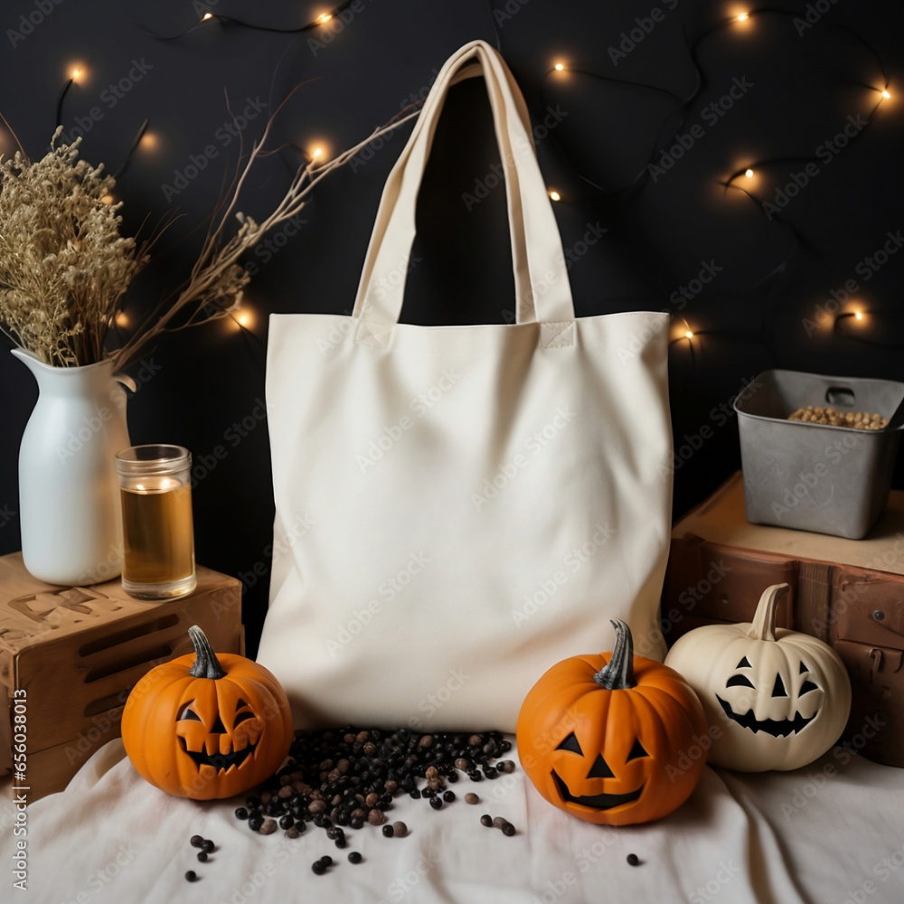 Blank Natural White Canvas Tote Bag Mockup Fall Halloween Thanksgiving ...