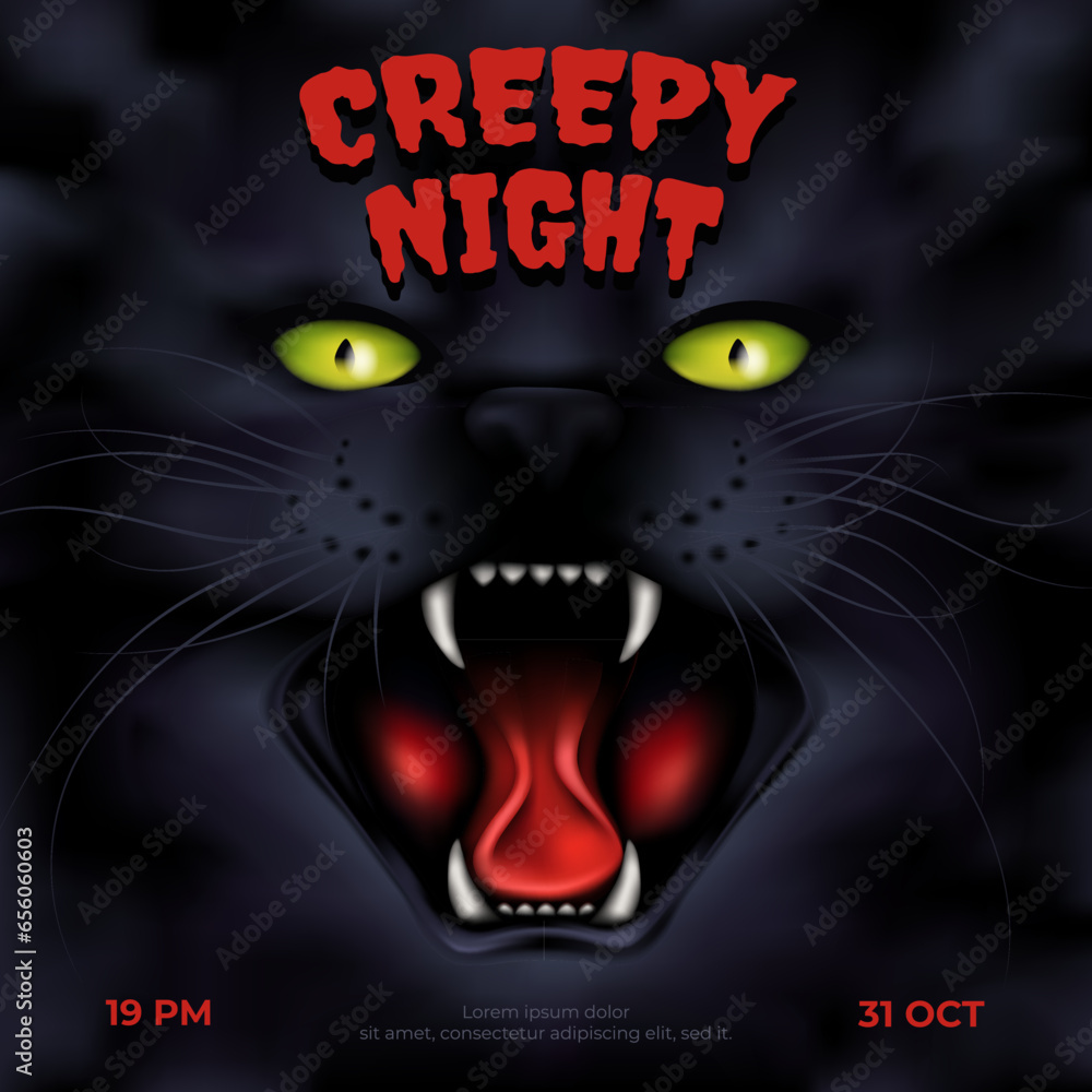 Angry hissing black cat. Open mouth. Halloween poster. Horror creepy ...