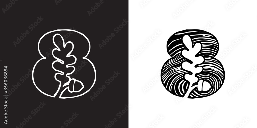 8 logo. Number eight with oak leaf and acorn. Tree cross-section ...