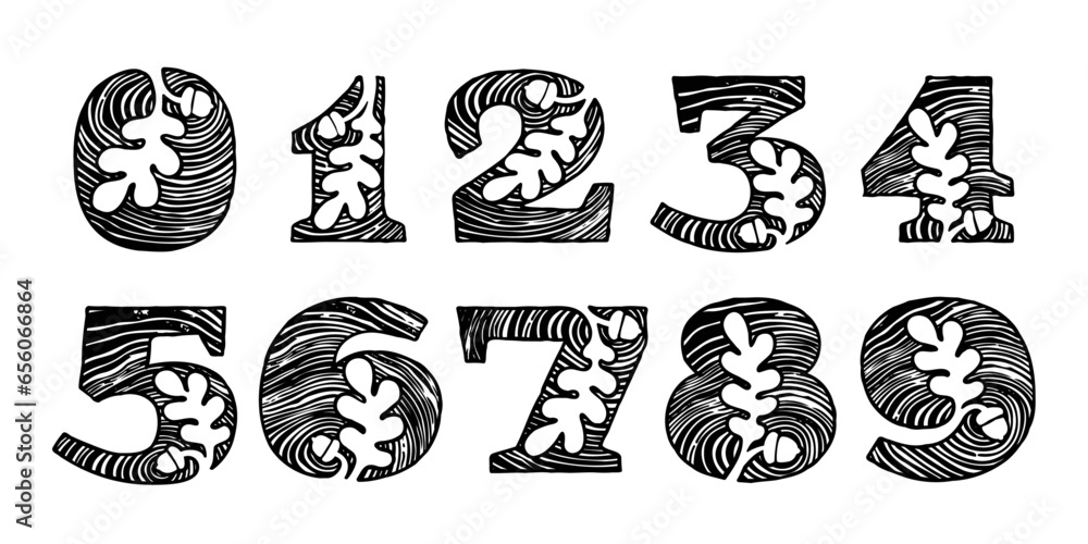 0 to 9 logos. Numbers set with oak leaf and acorn. Tree cross-section ...