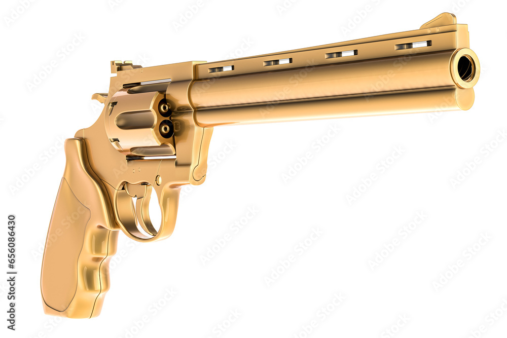 Golden Revolver. 3D rendering isolated on transparent background Stock ...