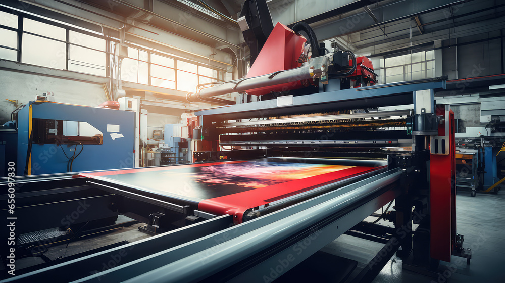 Close-up of a press printing machine in operation of printing in color ...