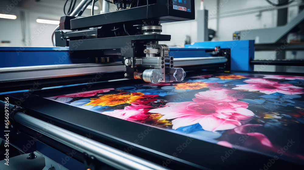 Close-up of a press printing machine in operation of printing in color ...