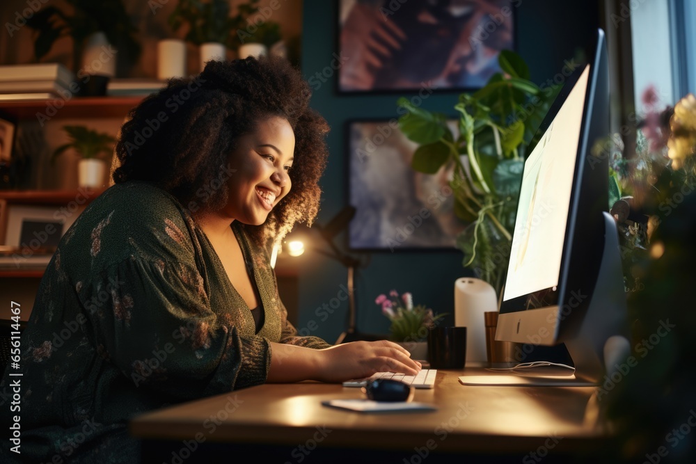 Plus size black female user grins happily as she operates a computer ...