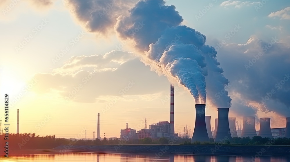 bustling factory emitting smoke from its chimneys, symbolizing ...