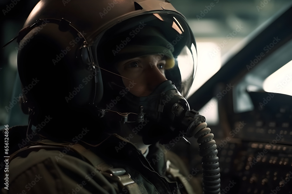 Portrait of a pilot in the helmet sits in the cockpit of a fighter ...