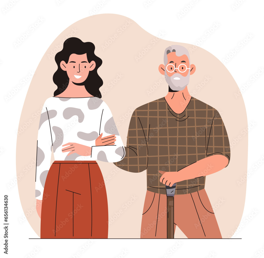 Woman helps old man concept. Girl near elderly person with stick. Care ...