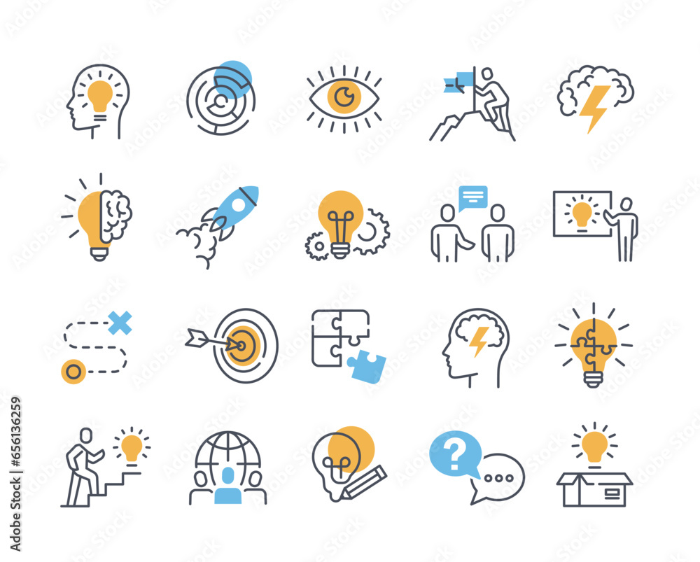 Creativity icons line concept. Silhouette of head with light bulb and ...