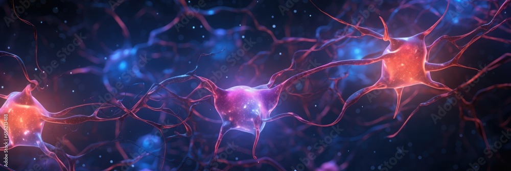 conceptual glowing neurons firing in swirling background. Powerful ...