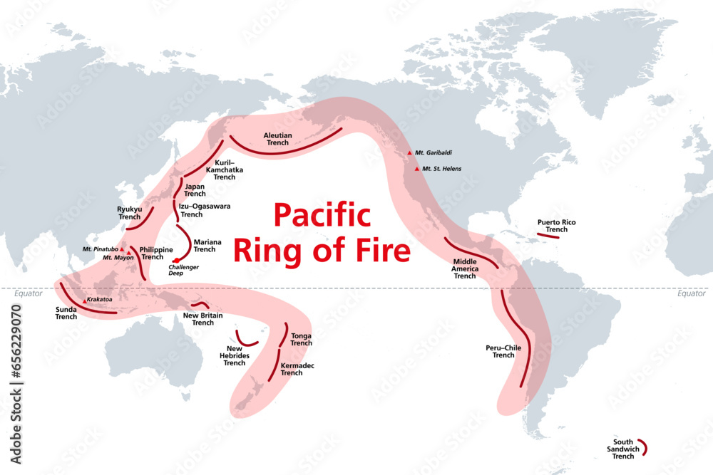 Pacific Ring of Fire, world map with oceanic trenches. The Rim of Fire ...