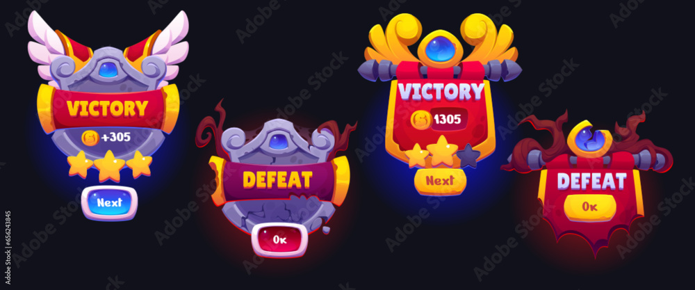 Victory and defeat game ui badges set isolated on black background ...