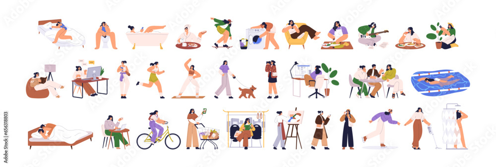 Women daily routine set. Womans day, work and leisure, relax. Girls ...
