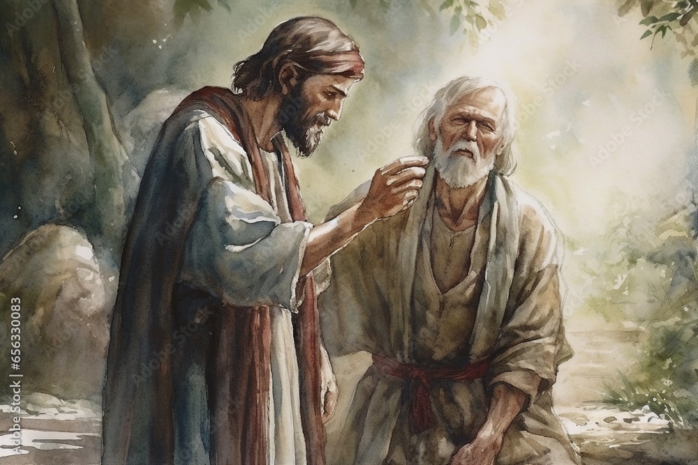 Jesus heals a blind man. Generative AI watercolor illustration. Stock ...