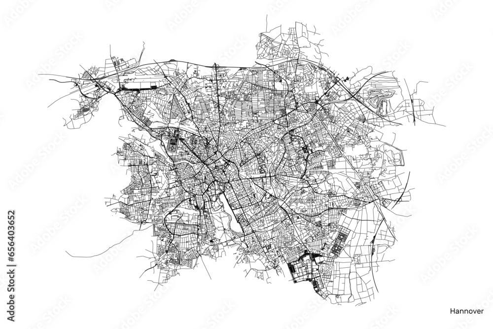 Hanover city map with roads and streets, Germany. Black and white ...