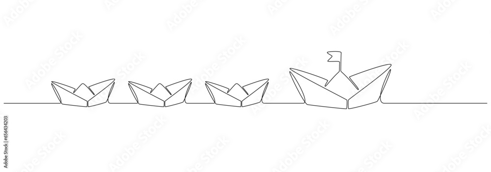 One continuous line drawing of paper boat. Business group leadership ...