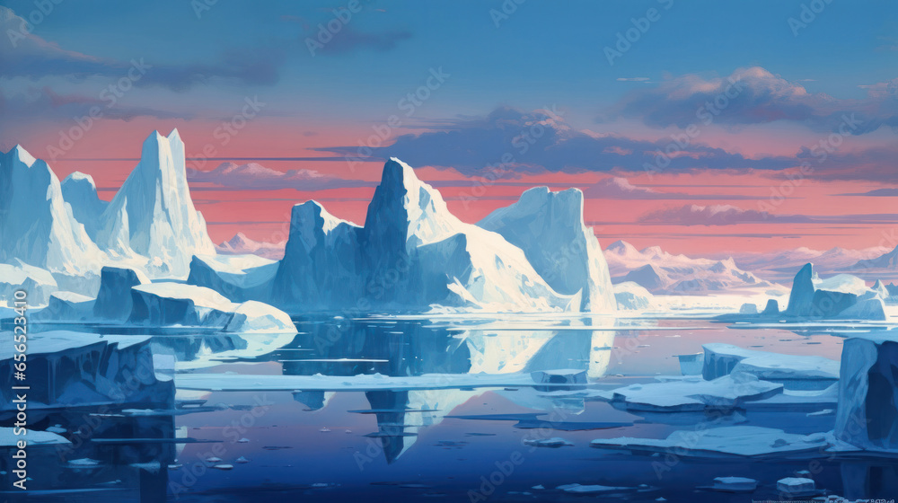 Arctic ice field with floating icebergs. Cold polar landscape. Stock ...