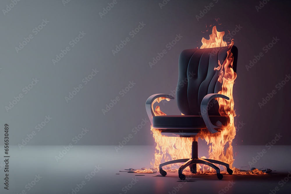 Burning office chair on black background. Burnout syndrome, deadline ...